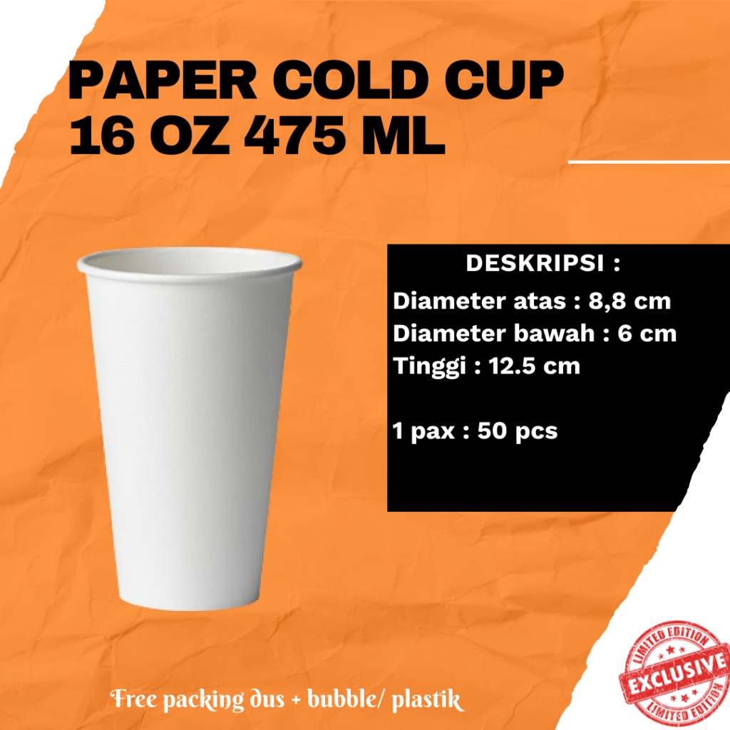 Jual Paper Cold Cup 16 Oz 475 ml / Gelas Kertas minuman dingin @50 Pcs ...