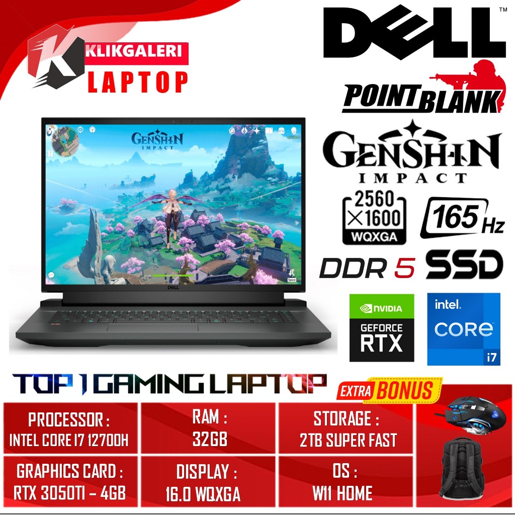Jual Laptop Gaming Dell Gaming G16 7620 Intel Core i7 12700H 64GB 2TB SSD RTX 3050TI - 4GB 16.0 ...