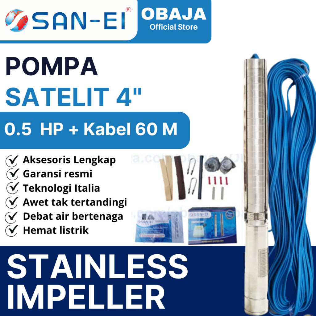 Jual San Ei Pompa Satelit Stainless 4 inch 0.5 HP + Kabel 40 M/ Pompa submersible stainless ...