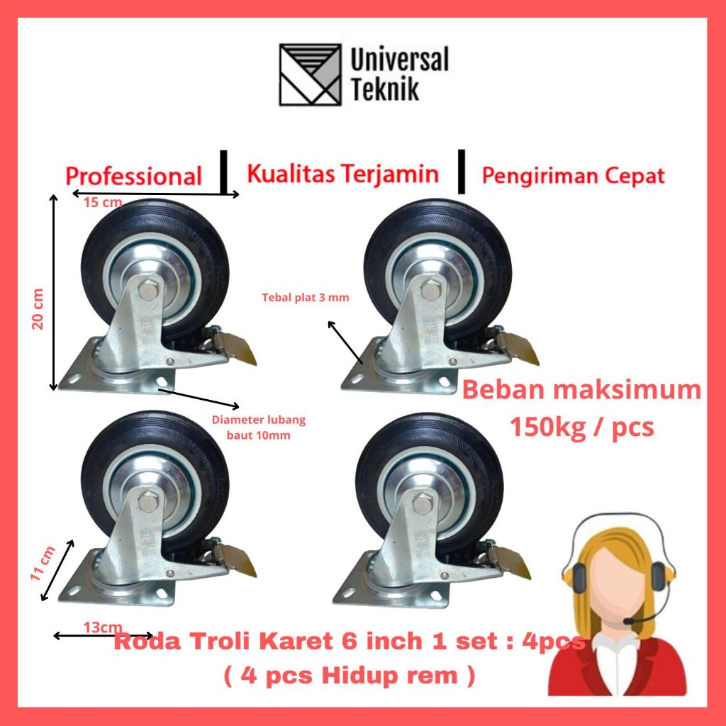 Jual Roda Troli 6 inch Roda Karet 6 inch 1 set = 4pcs ( Hidup Rem ...