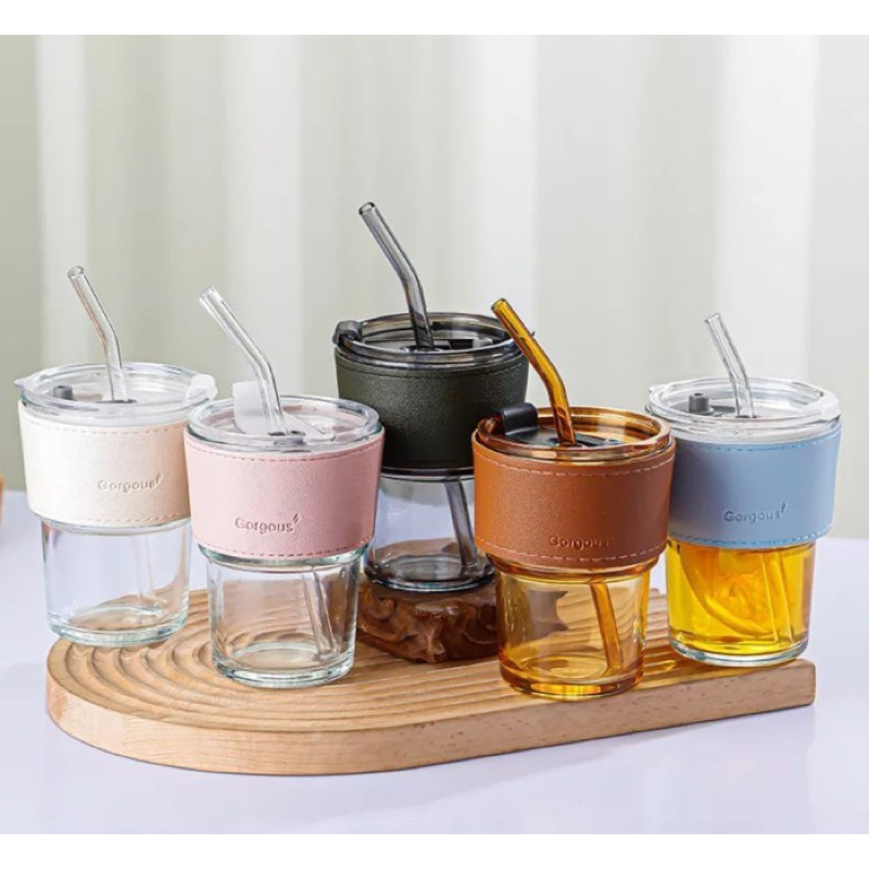 Jual Tumbler Kaca Aesthetic Vintage 400ml Sedotan Cup Botol Minum Gelas ...