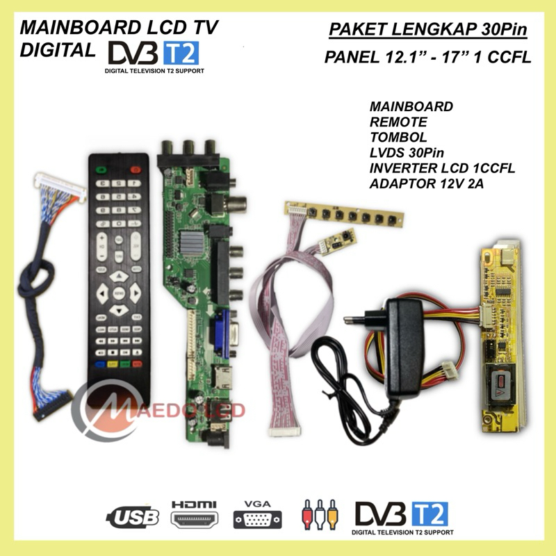 Jual Universal LCD Board Digital DVBT2 Paket lengkap panel 12" - 24" 20Pin 30Pin 1-2 CCFL ...