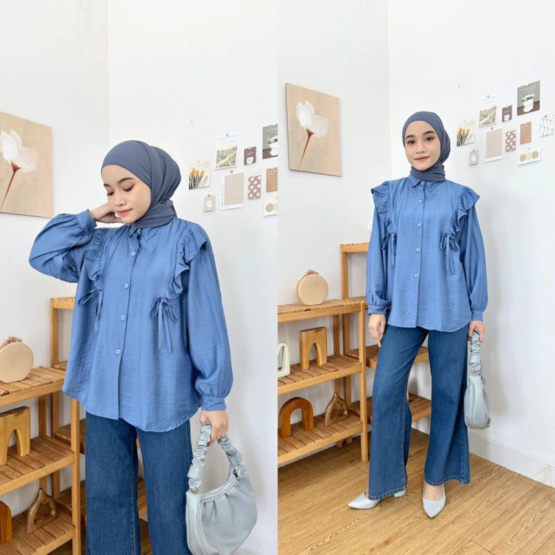 Jual Inara Blouse Atasan Wanita Ruffle Polo Linen | Shopee Indonesia