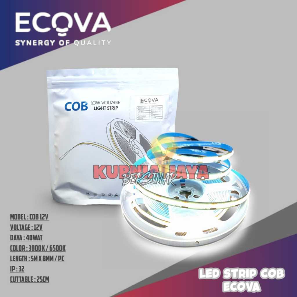 Jual ECOVA Lampu LED Strip COB PUTIH 6500K DC 12V IP32 5 Meter | Shopee ...