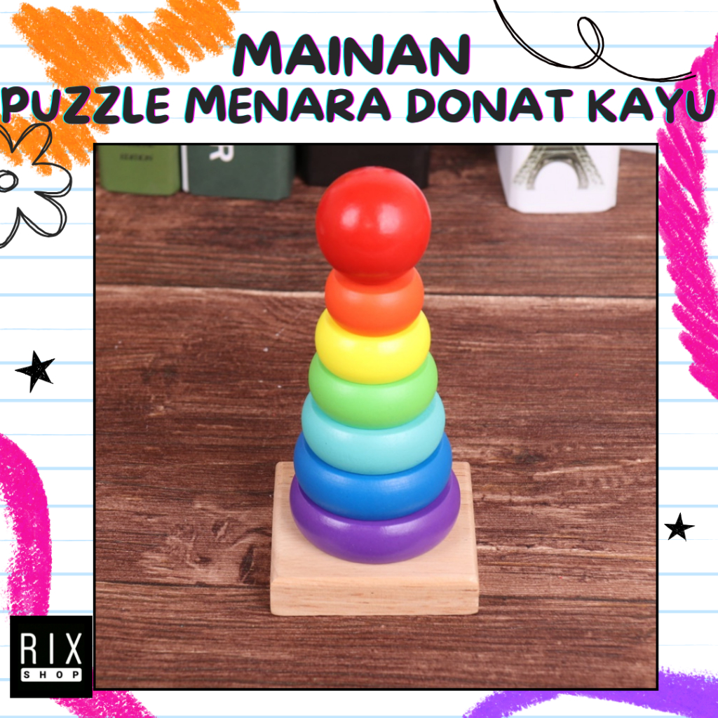 Jual Mainan Anak Susun Menara Donat Kayu - Rainbow Tower Donut 14cm ...
