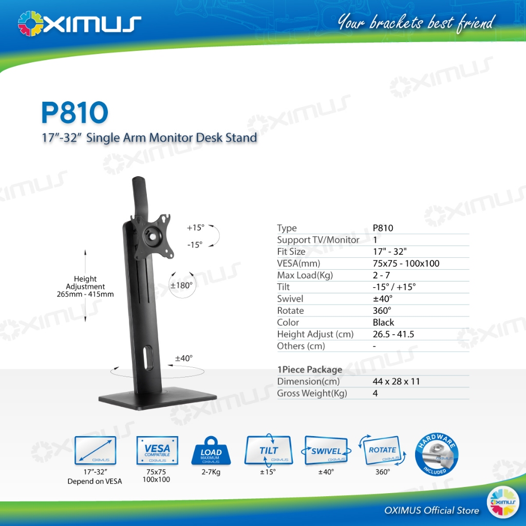 Jual Bracket Desk Stand Meja 1 Monitor Naik Turun 17" - 32" Oximus P810 ...