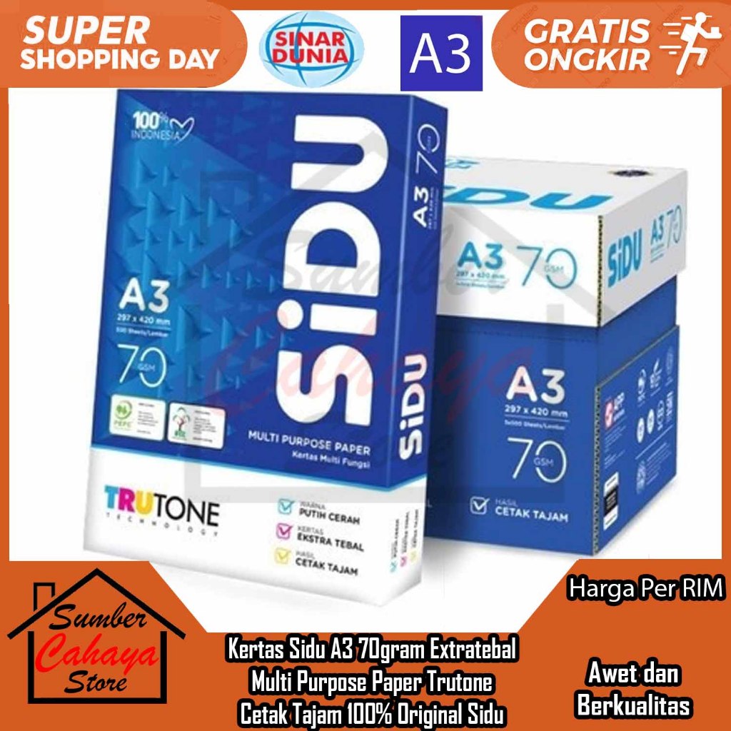 Jual Kertas HVS 70 GSM A3 Sidu Extratebal Multi Purpose Paper Trutone ...