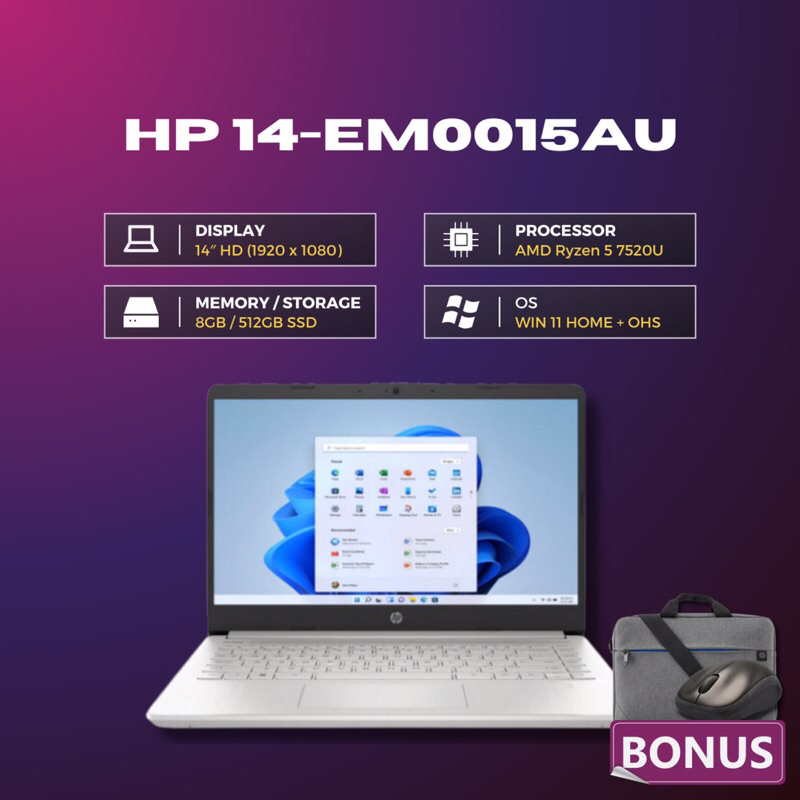 Jual HP 14-em0015AU /AMD Ryzen 5-7520U/8GB/512GB SSD/14″ FHD/Win 11 ...