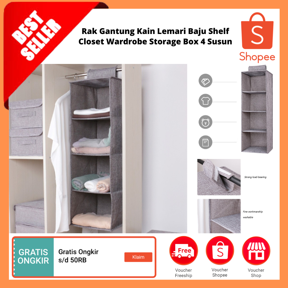 Jual Rak Gantung Kain Lemari Baju Shelf Closet Wardrobe Storage Box 4 ...