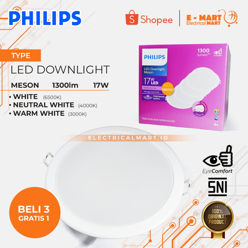 Jual [3 GRATIS 1] PHILIPS Downlight LED MESON 17W 17watt PUTIH 59466 ...
