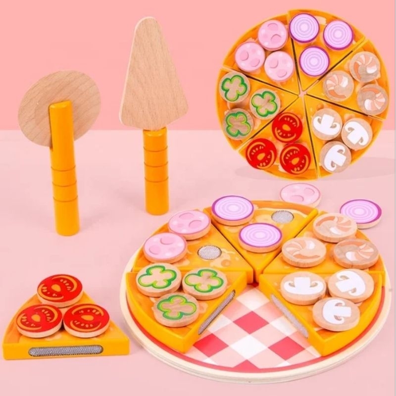 Jual mainan kayu pizza/wooden pizza pretend play/wooden cutting pizza ...