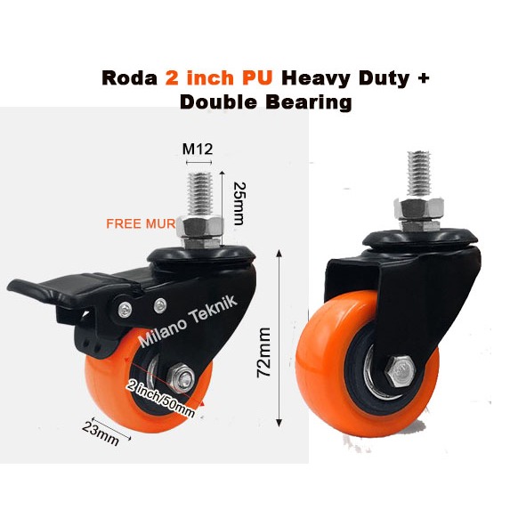 Jual Roda 2 inchi PU Screw/baut Hidup/Rem Heavy Duty + Double bearing ...