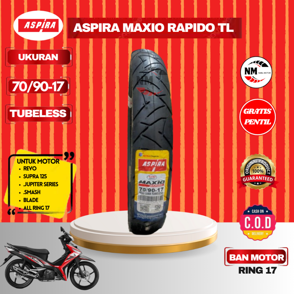 Jual BAN ASPIRA MAXIO TECHNO RING 17 TUBELESS (70/90,80/90,90/90) BONUS PENTIL Revo Supra Blade ...
