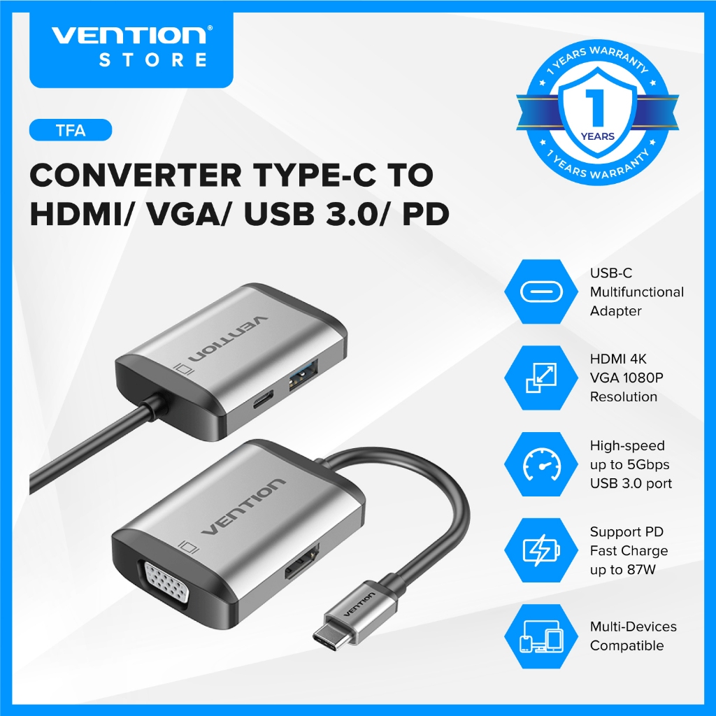 Jual Vention Adapter 4 in 1 USB Type C to HDMI VGA USB 3.0 PD - TFA ...