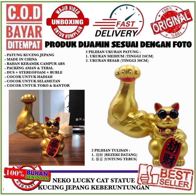 Jual PATUNG NEKO LUCKY CAT OTOT BESAR WARNA EMAS KUCING PAJANGAN JEPANG ...
