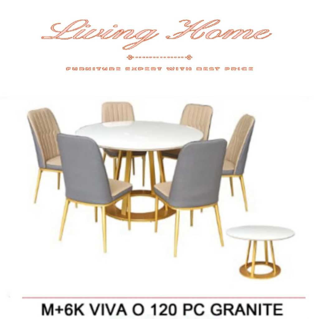 Jual Meja Makan Viva Bulat Granit Kaki Gold + 6 Person | Shopee Indonesia