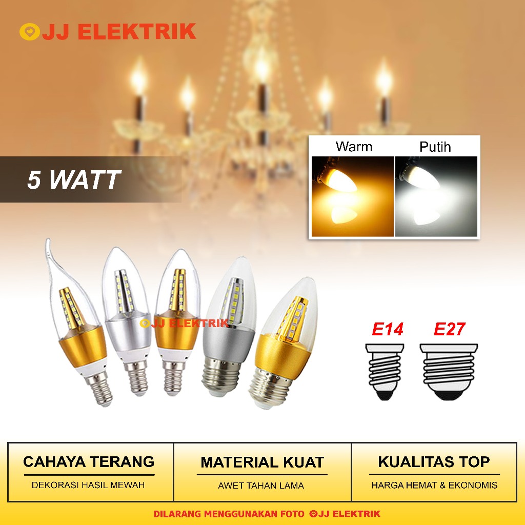 Jual Lampu Bohlam LED Lilin Candle Light 5W 5 Watt Dekorasi Hias Gantung E14 Dan E27 Cahaya ...