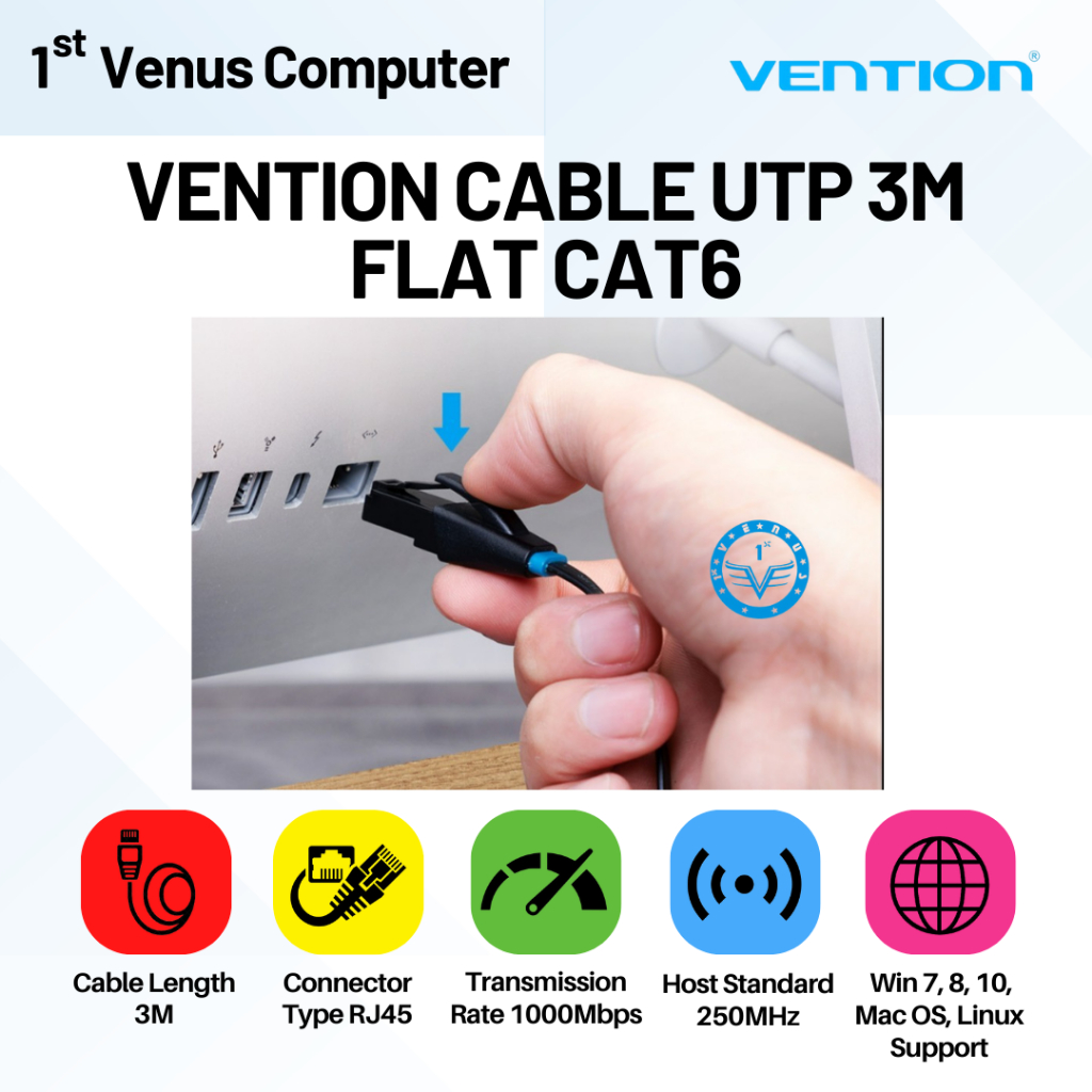Jual VENTION CABLE UTP 3M FLAT CAT6 / KABEL LAN RJ45 Cat.6 UTP ETHERNET GIGABIT / VEN05-UTP ...