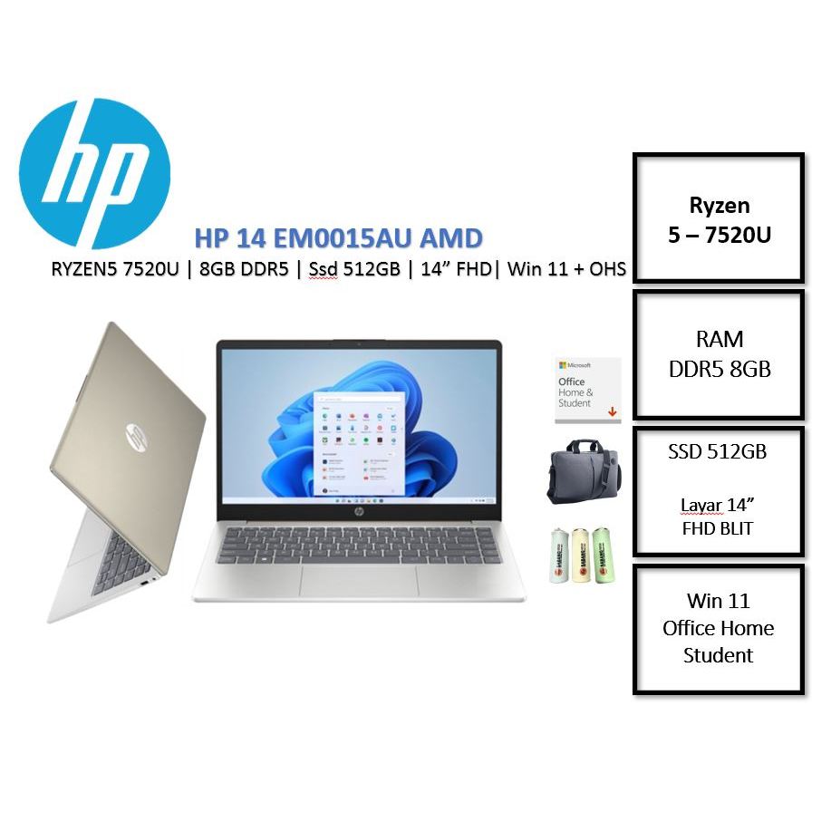 Jual LAPTOP HP 14-EM0015AU R5-7520U 8GB SSD 512GB W11 OHS 14"FHD ...