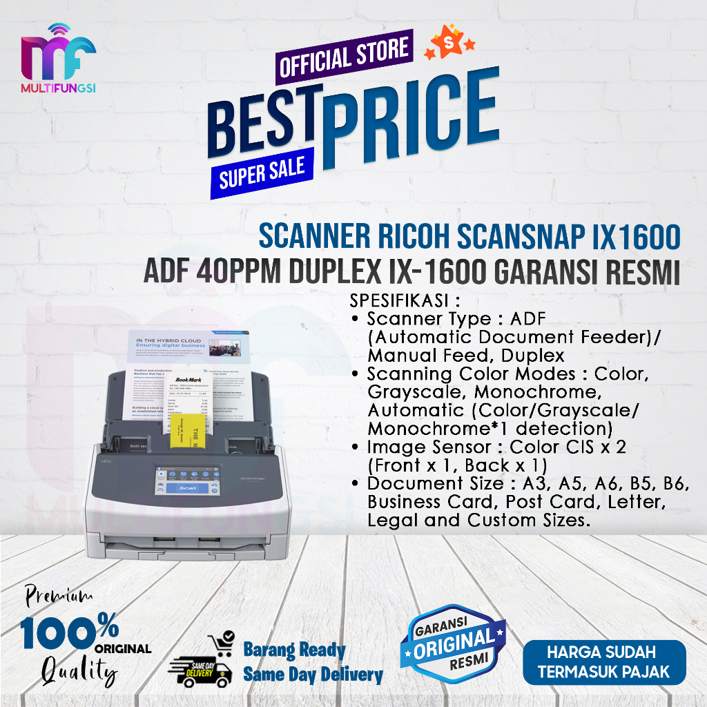 Jual Scanner Fujitsu / Ricoh ScanSnap IX1600 ADF 40ppm Duplex IX-1600 Garansi Resmi | Shopee ...