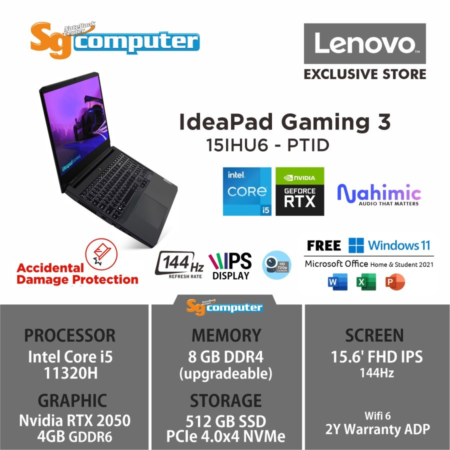 Jual Lenovo Gaming 3 15IHU6 PTID Intel Core i5-11320H 8GB 512GB RTX2050 ...