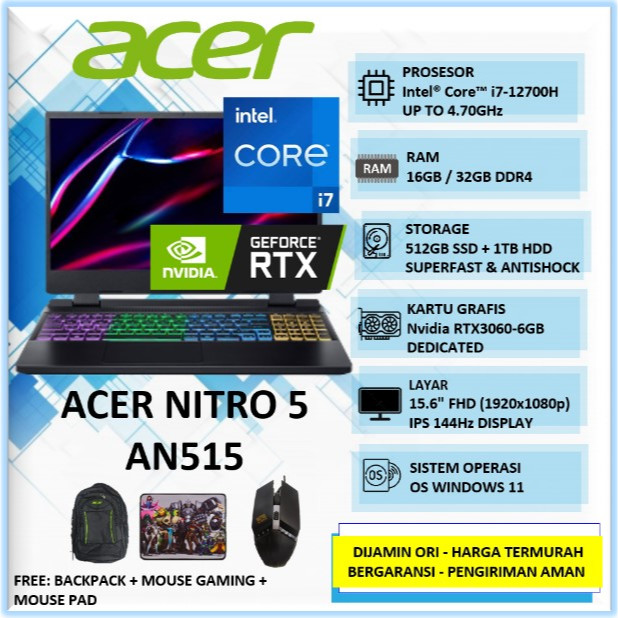 Jual Laptop Gaming Acer Nitro 5 Intel i7 Gen 12 32GB 512GB+1TB RTX3060 ...