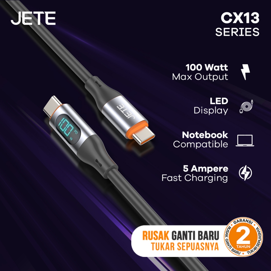 Jual JETE CX13 Kabel Data HP dan Laptop 100W Type C to Iphone with LED ...