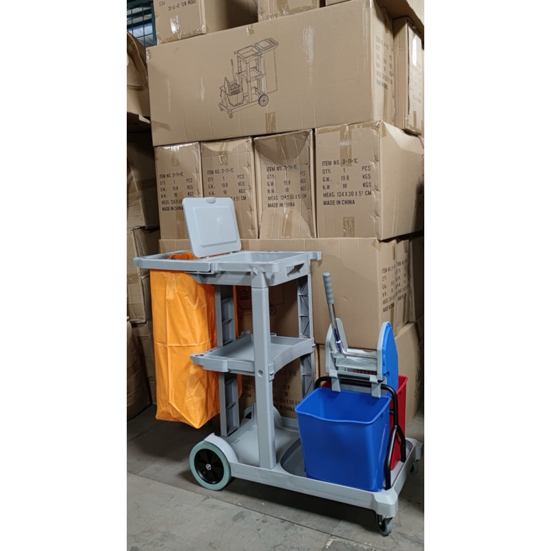 Jual Trolley Janitor Cart With Cover & Double Bucket Wringer Press ...