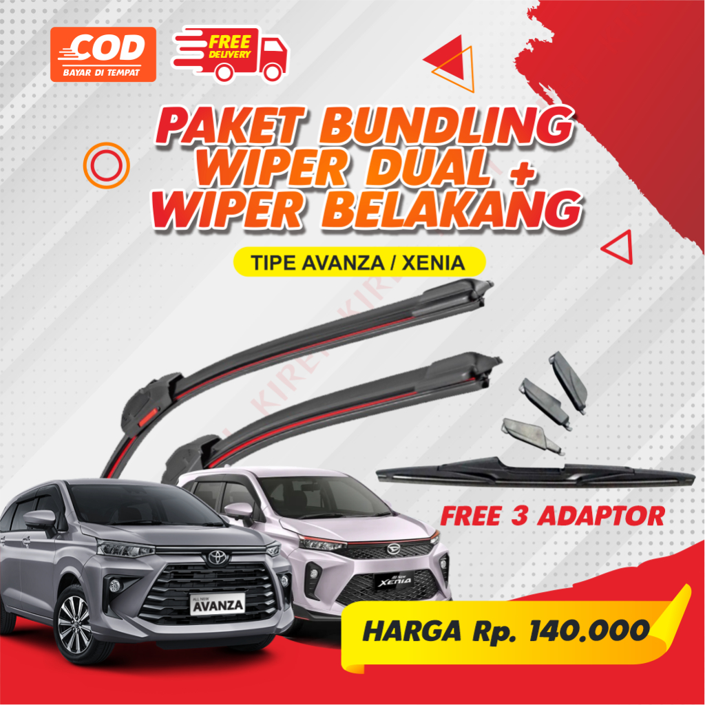 Jual Paket Wiper Mobil Dual Double Karet Frameless Depan + Wiper Belakang Single Karet AVANZA ...