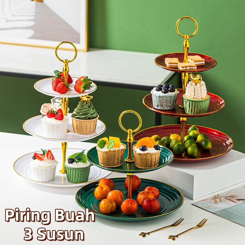 Jual Piring Kue Tingkat Keramik List Gold/Piring Buah Unik 3 Susun Piring kue piring permen ...
