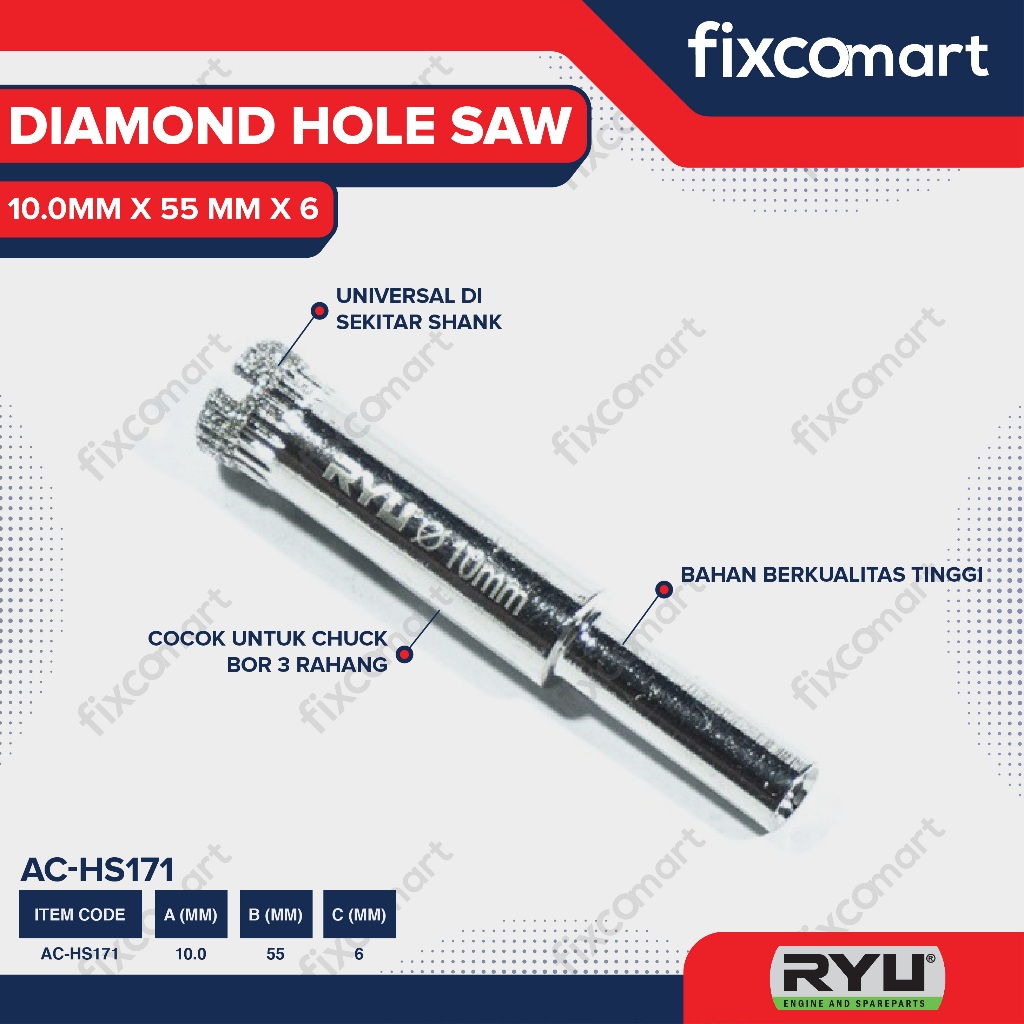 Jual RYU DIAMOND HOLE SAW 10 X 55 MM - MATA BOR KERAMIK - MATA BOR KACA ...