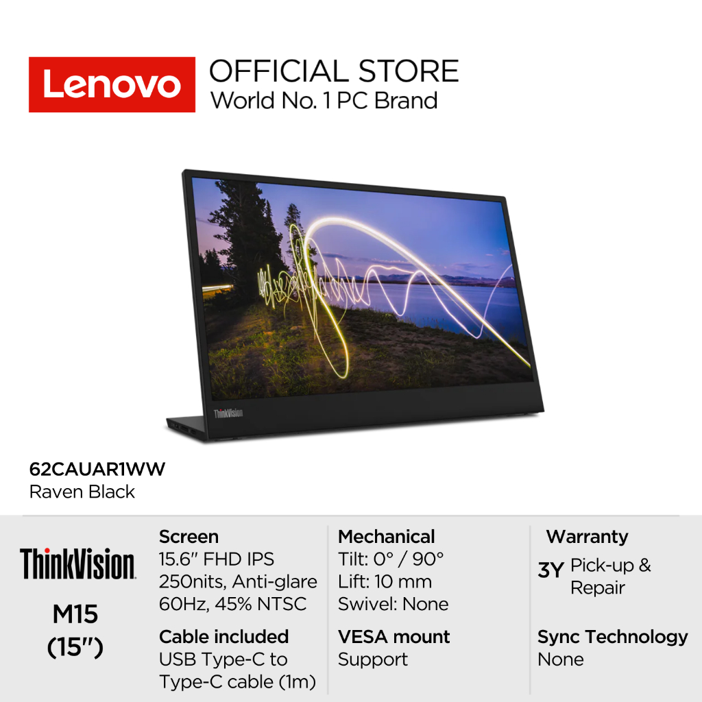 Jual Lenovo Monitor ThinkVision M15 with USB-C 14" FHD IPS WLED 250nits ...
