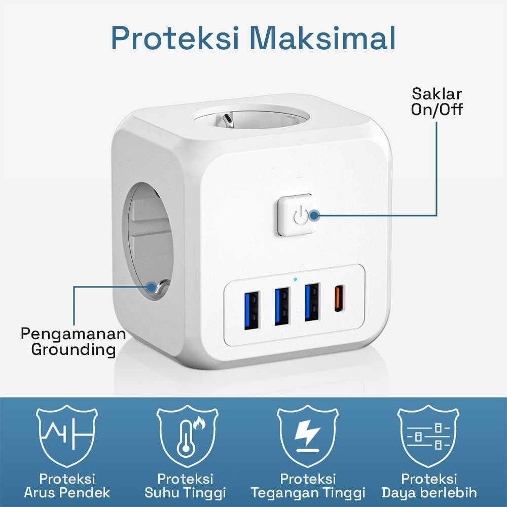 Jual Stop Kontak 7 in 1 USB Type C Port Cube Wall Socket Extension | Shopee Indonesia