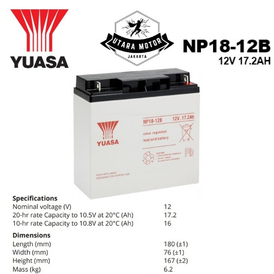 Jual YUASA Aki Kering VRLA NP18-12B 12V 17,2Ah 18V Accu Battery SUA SMT UPS | Shopee Indonesia