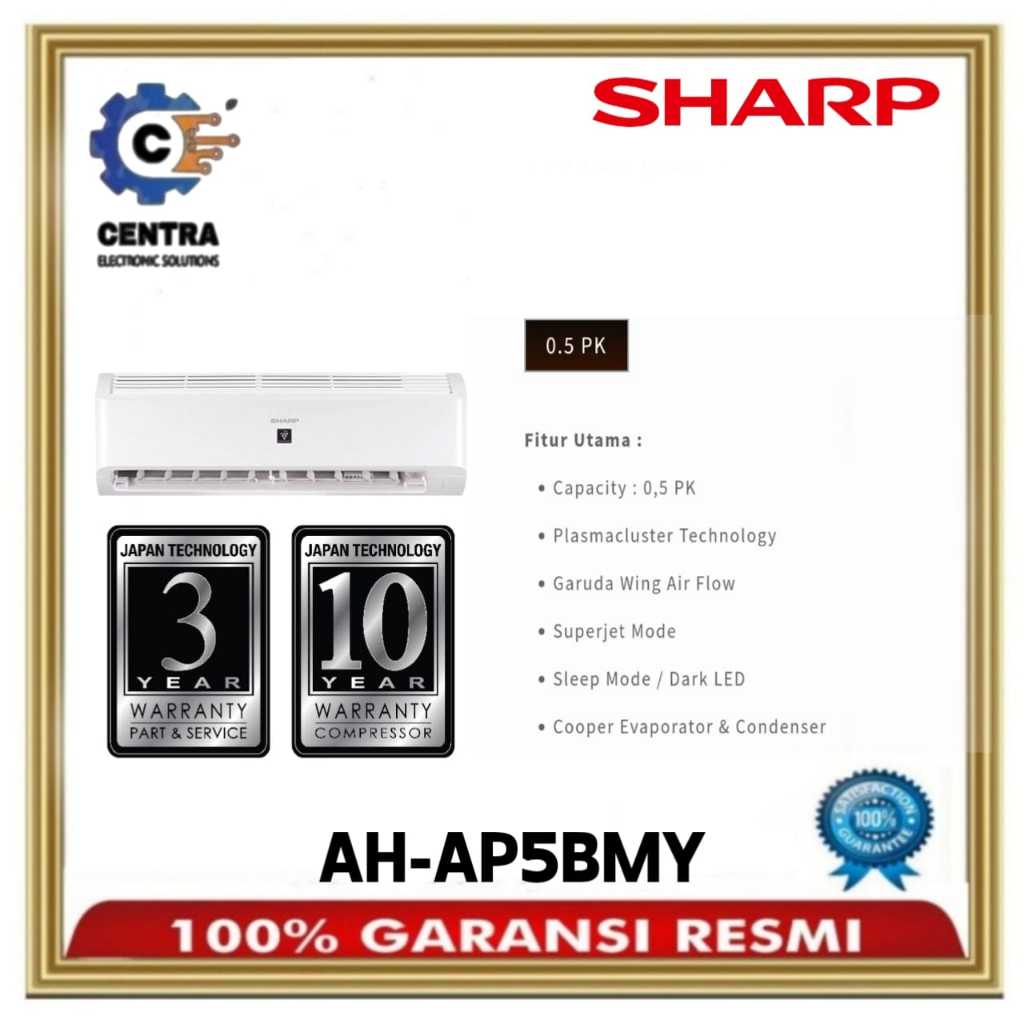 Jual AC SHARP AH-AP5BMY AC SPLIT 1/2 PK STANDARD PLASMACLUSTER GARUDA SERIES UNIT ONLY GARANSI ...