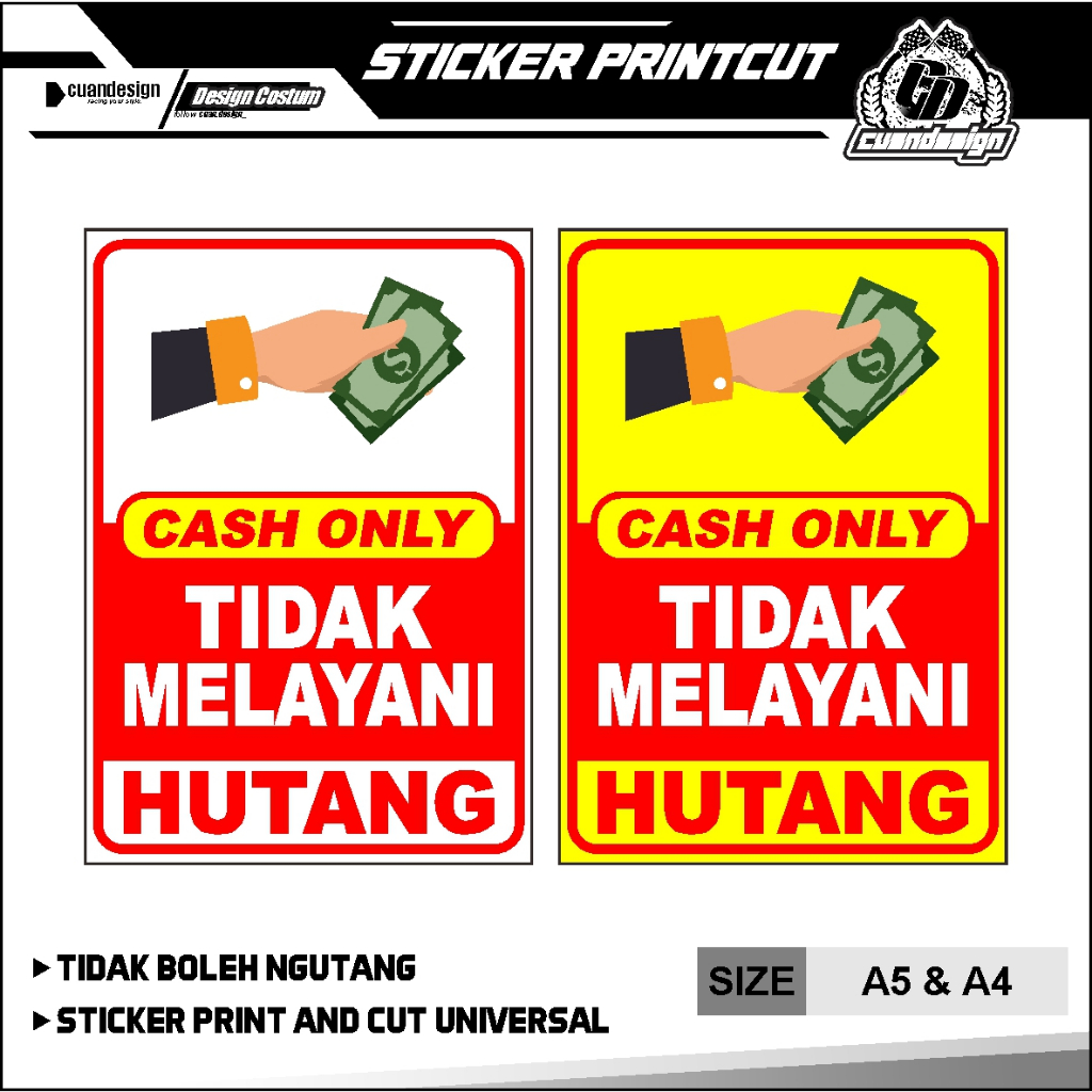 Jual STIKER CASH ONLY | BAHAN VINYL + LAMINASI GLOSSY UKURAN A5 & A4 ...