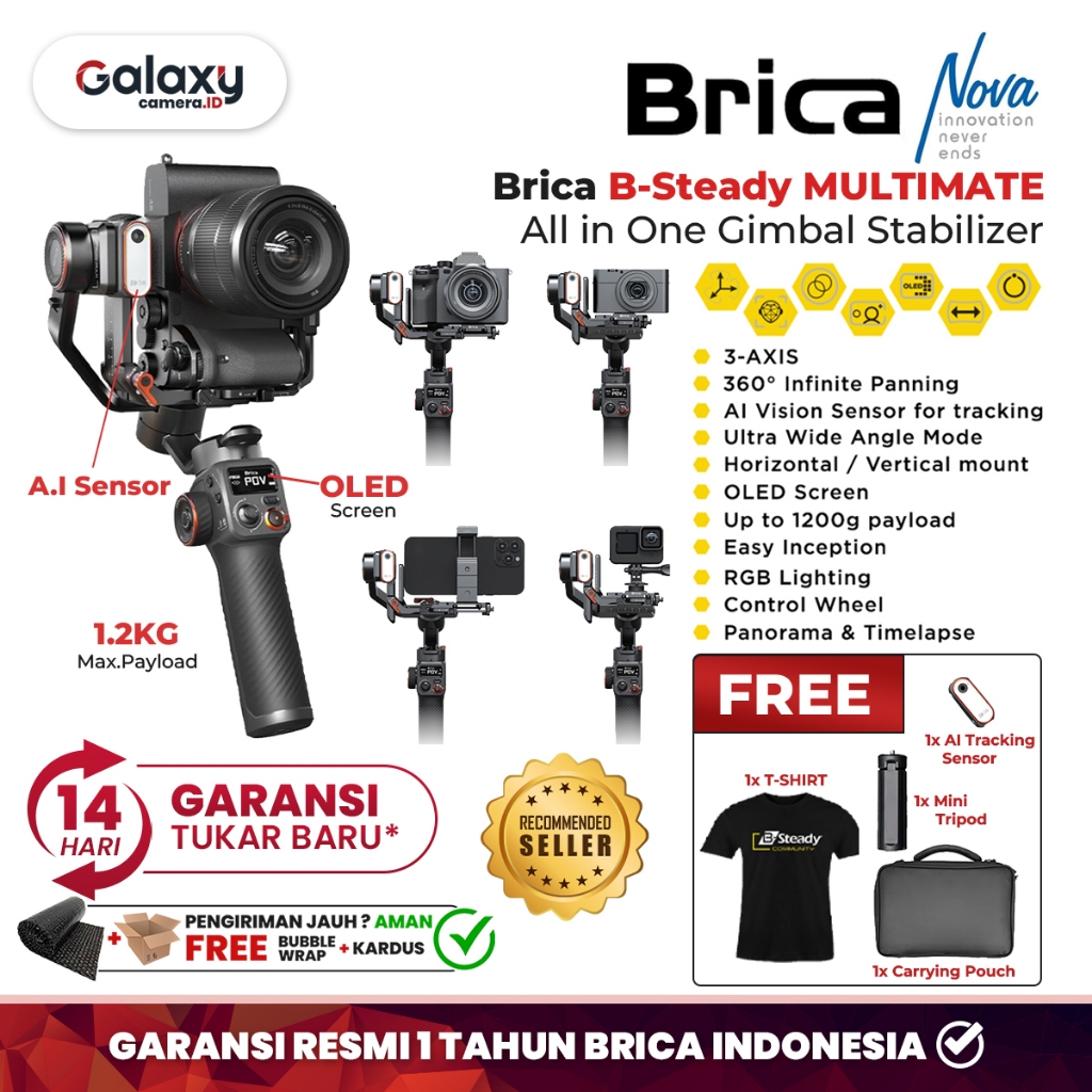 Jual Brica B-Steady Pro MULTIMATE 3 Axis AI Gimbal Stabilizer Kamera Resmi | Shopee Indonesia
