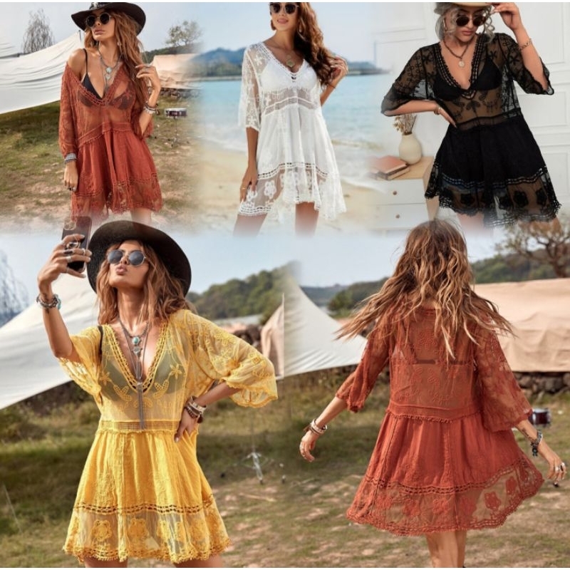 Jual 𝘽𝙞𝙠𝙞𝙣𝙞𝘽𝙖𝙣𝙙𝙞𝙩 𝙍𝙀𝘼𝘿𝙔 𝙎𝙏𝙊𝘾𝙆 - Lace v mini outer dress beach outer ...