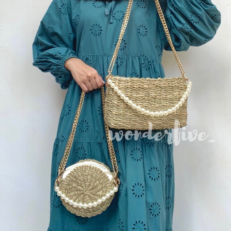 Jual Tas Anyaman Kerajinan Mendong Pandan Tali Rantai Mutiara Kotak ...