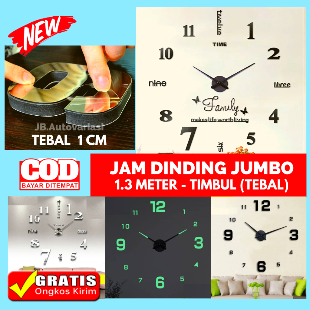 Jual Jam Dinding Jumbo Raksasa 3D Timbul Besar 130cm Tempel Minimalis ...