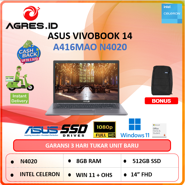 Jual ASUS VIVOBOOK 14 A416MAO N4020 8GB/512SSD W11+OHS 14" FHD | Shopee ...
