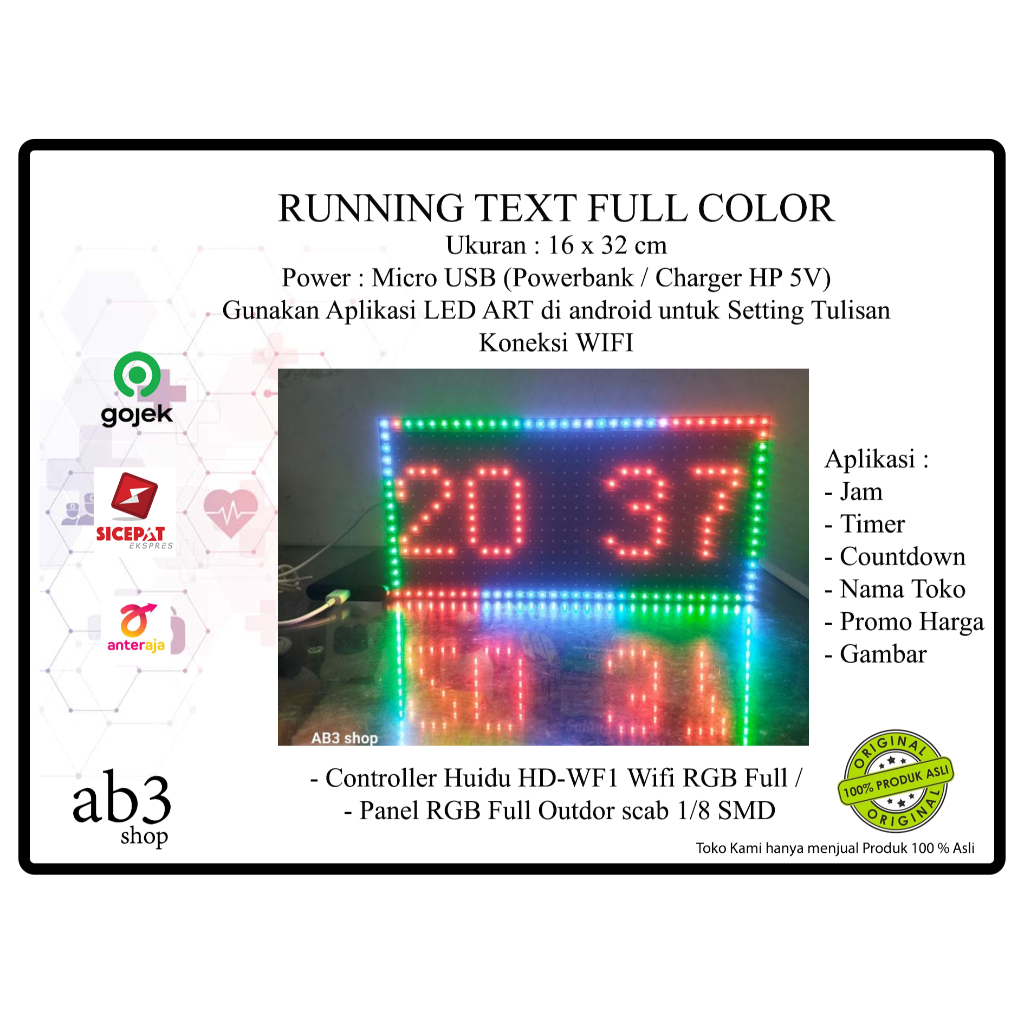 Jual RUNNING TEXT PORTABLE FULL COLOR WIFI SETTING TULISAN PAKE HP ...