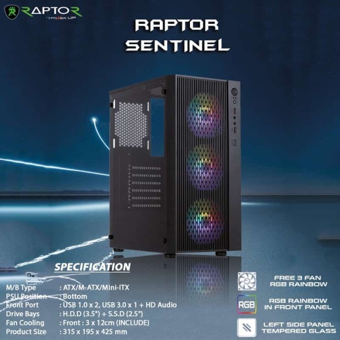 Jual Casing Gaming Mid Tower ATX RAPTOR SENTINEL Include 3 Fan RGB ...