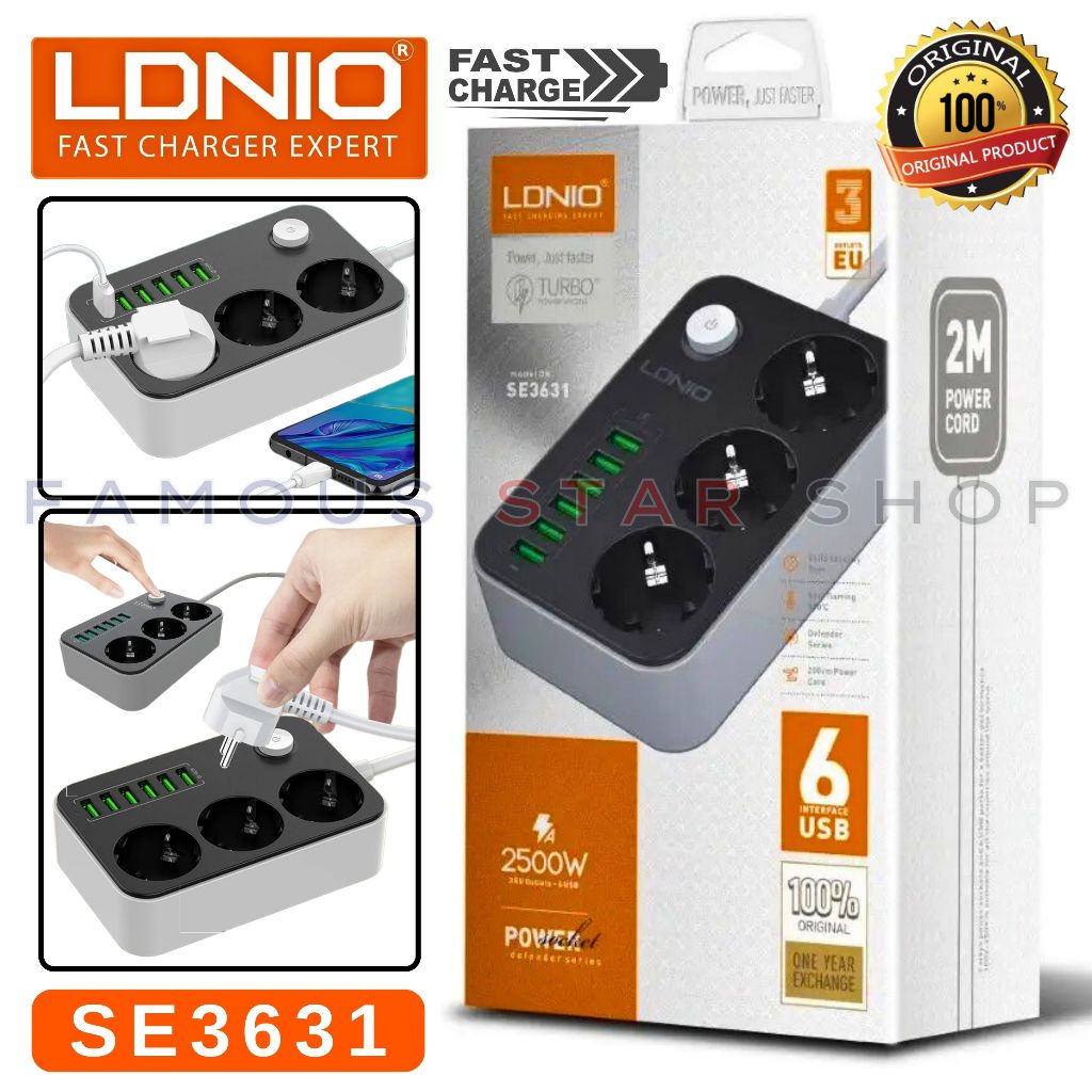 Jual Colokan Listrik 9 Lubang Power Socket LDNIO SE3631 3 Socket 6 USB Casan Fast Charging Stop ...