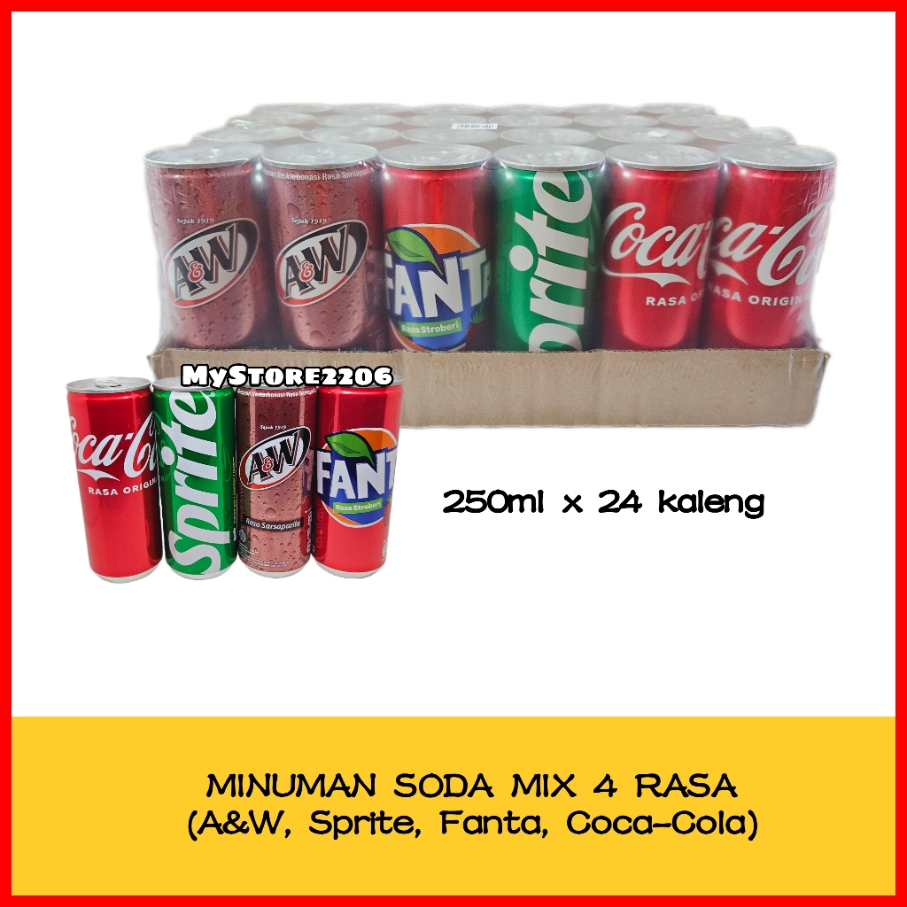 Jual Minuman Kaleng Soda / Soft Drink Mix 4 Rasa (A&W AW, Sprite, Fanta ...