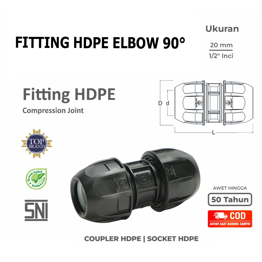 Jual Fitting HDPE Straight Coupler Ukuran 20 × 20 MM × 1/2 " Inch ...