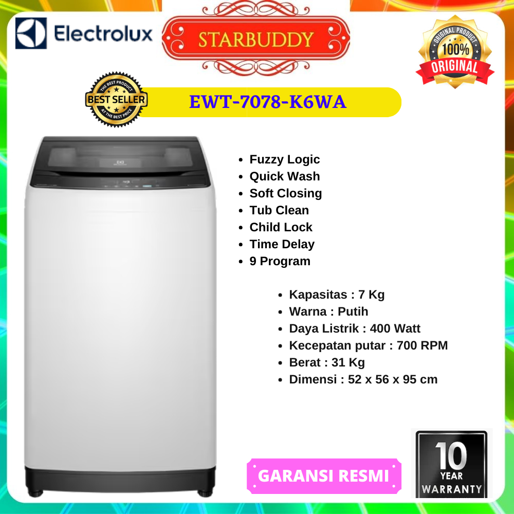 Jual MESIN CUCI ELECTROLUX EWT7078K6WA, EWT 7078 K6WA TOP LOADING 7 KG ...