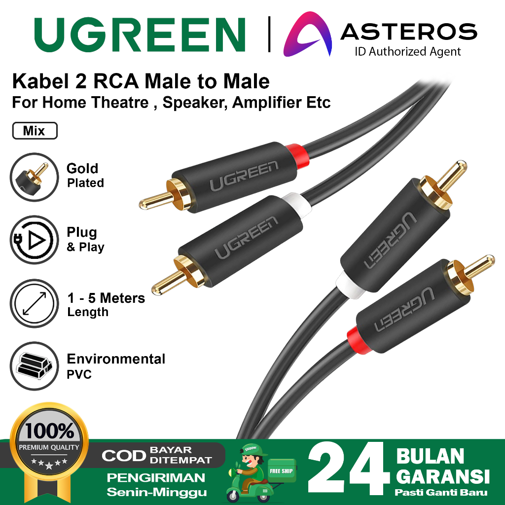 Jual UGREEN Kabel 2 RCA To 2 RCA Male to Male Audio Gold Plated ...