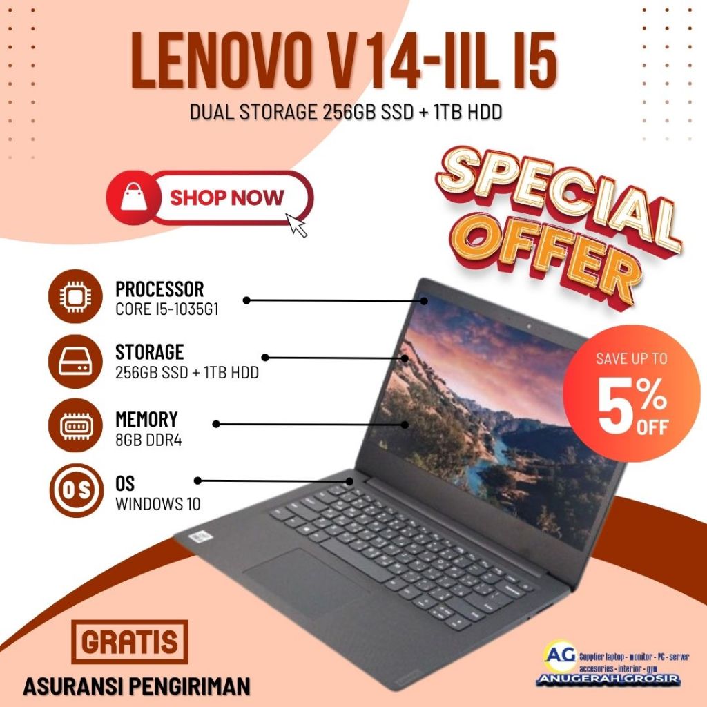 Jual Laptop Lenovo V14-IIL Core i5-1035G1 Ram 8Gb Ssd 256Gb + Hdd 1Tb 14" Full Hd Windows 10 ...