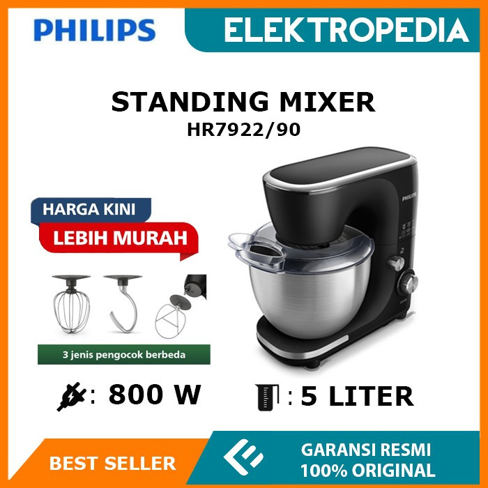 Jual PHILIPS - Standing Mixer Stainless 5Liter 800 Watt HR7922/90 BLACK ...